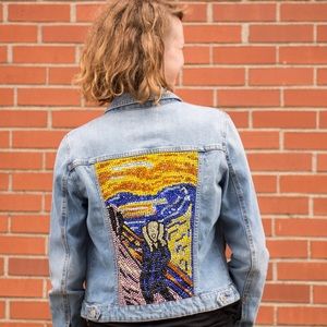 Zara | Jackets & Coats | Custom Rhinestone Denim Jacket The Scream ...